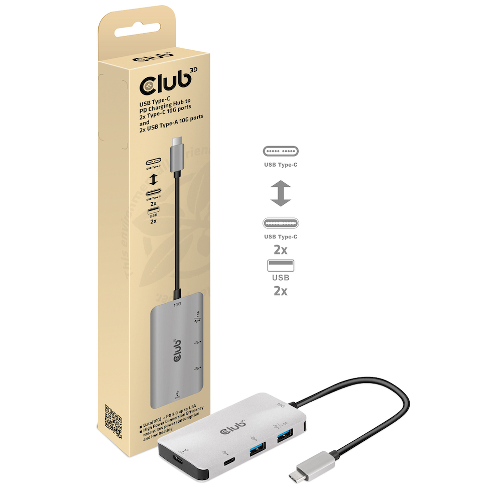 Club 3D Hub de carga USB Gen2 tipo C PD a 2 puertos tipo C 10G y 2 puertos USB tipo A 10G ...